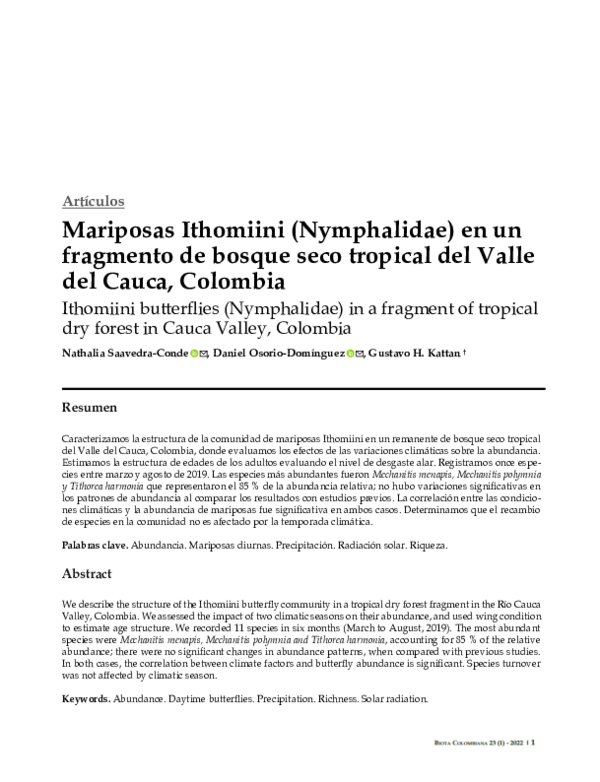 (PDF) Mariposas Ithomiini (Nymphalidae) en un fragmento de bosque seco ...