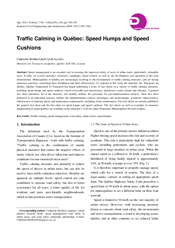 (PDF) Traffic Calming in Québec: Speed Humps and Speed Cushions