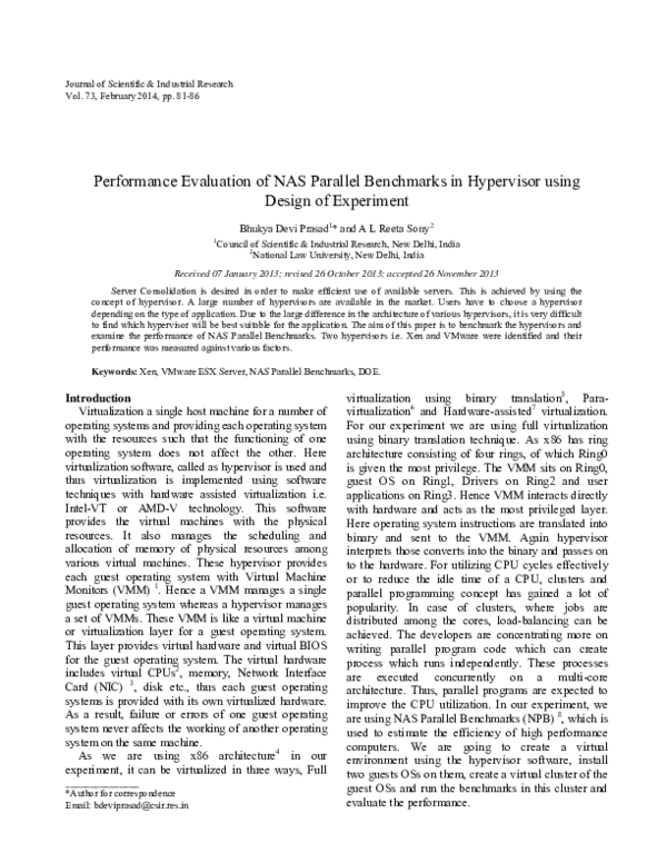 Pdf Performance Evaluation Of Nas Parallel Benchmarks In Hypervisor Using Design Of Experiment