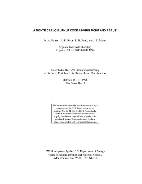 Pdf A Monte Carlo Burnup Code Linking Mcnp And Rebus
