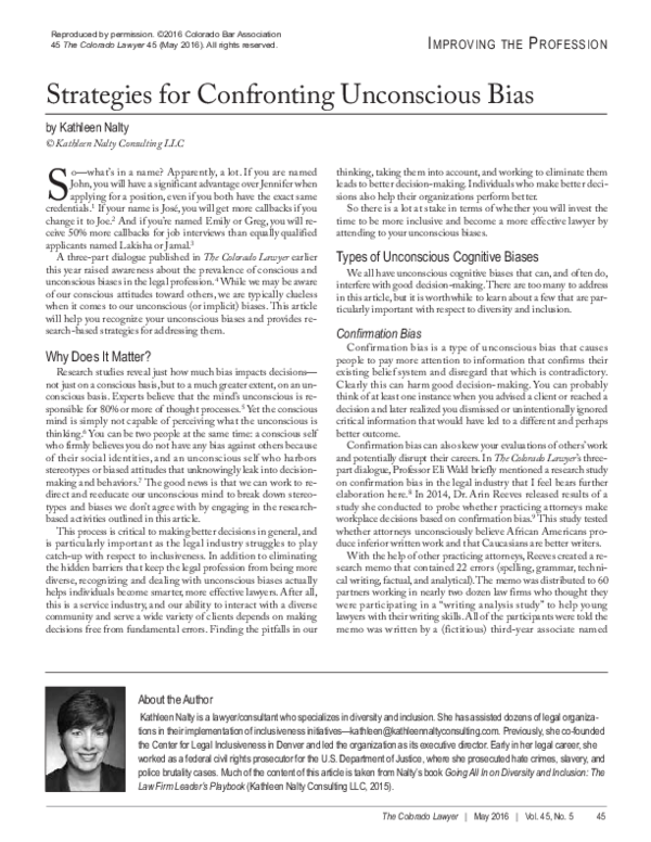 (PDF) Strategies for Confronting Unconscious Bias | Kathleen Nalty ...