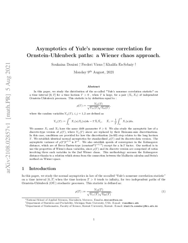 (PDF) Asymptotics of Yule's nonsense correlation for Ornstein-Uhlenbeck paths: a Wiener chaos ...