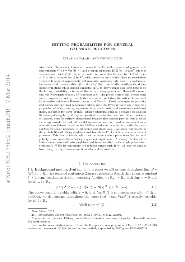 (PDF) Hitting probabilities for general Gaussian processes | Frederi ...
