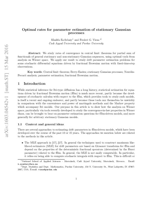 Pdf Optimal Rates For Parameter Estimation Of Stationary Gaussian Processes