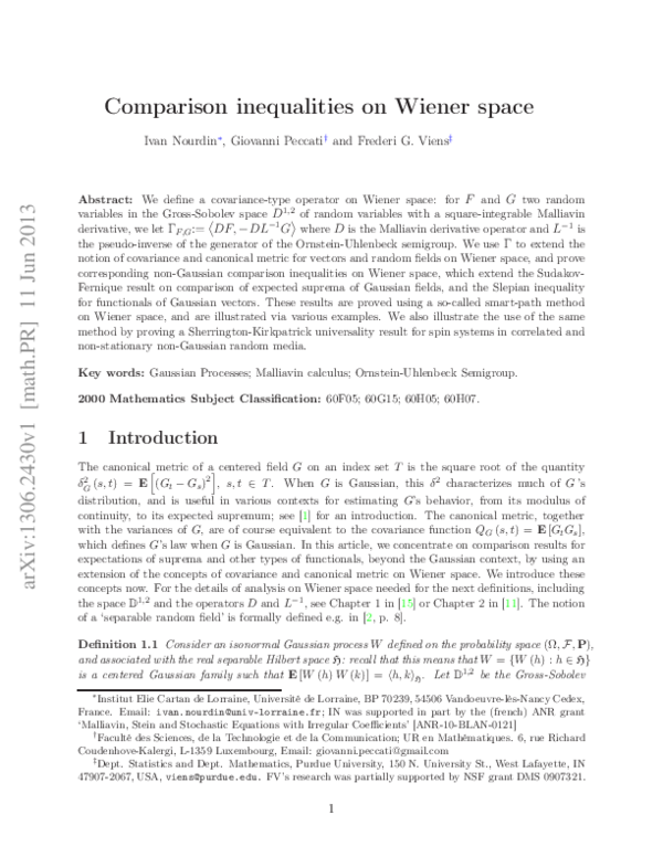 (PDF) Comparison inequalities on Wiener space | Frederi Viens ...