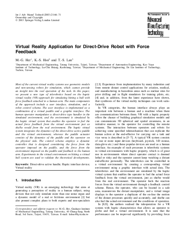 Pdf Virtual Reality Application For Direct Drive Robot With Force