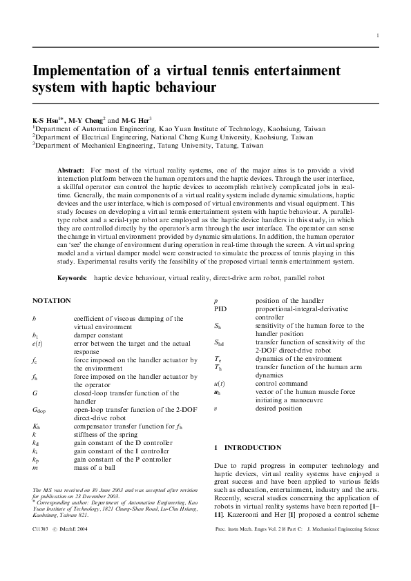 (PDF) Virtual Tennis System with Haptic Feedback