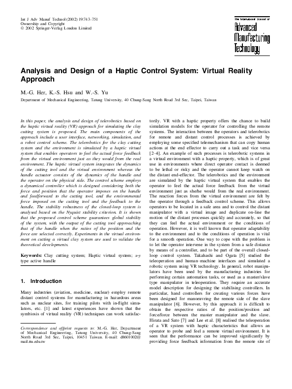Pdf Analysis And Design Of A Haptic Control System Virtual Reality