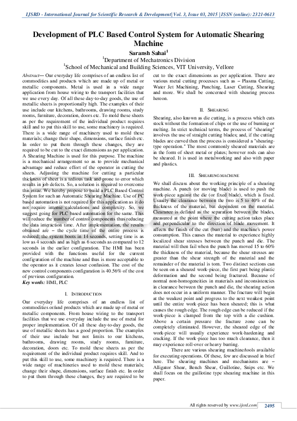 (PDF) Development of PLC Based Control System for Automatic Shearing Machine | Saransh Sahai ...