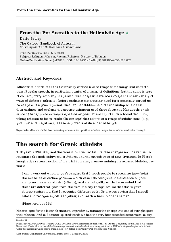 (PDF) Atheism: From the Pre-Socratics to the Hellenistic Age