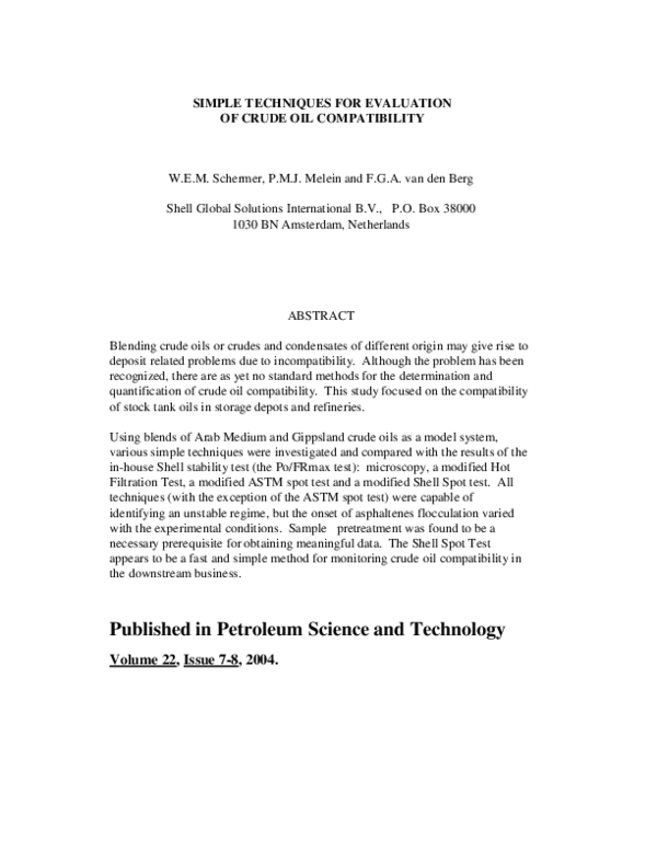 (PDF) Simple Techniques for Evaluation of Crude Oil Compatibility