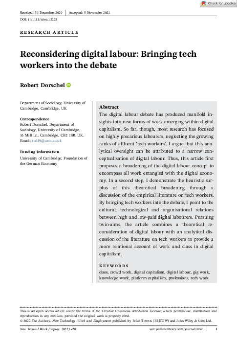 (PDF) Reconsidering digital labour: Bringing tech workers into the debate