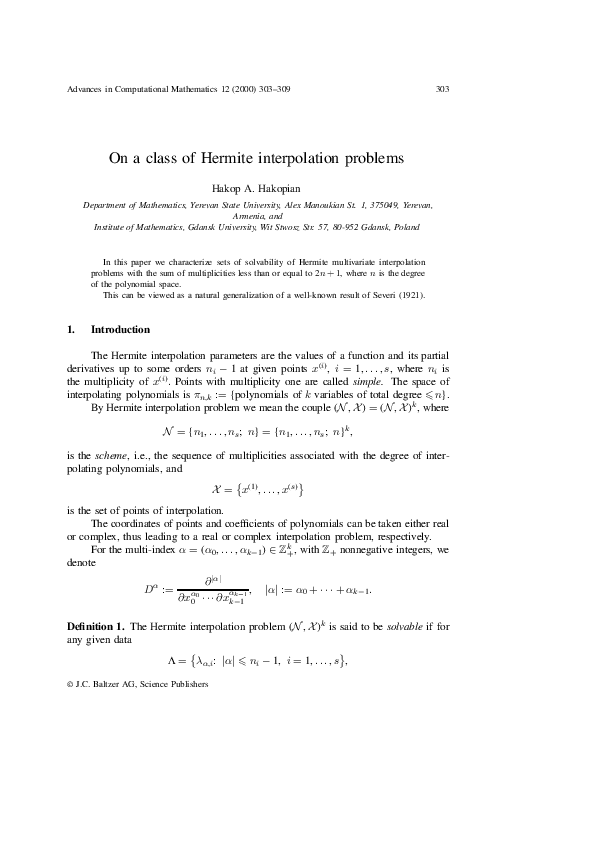 (PDF) On a class of Hermite interpolation problems | Hakop Hakopian ...