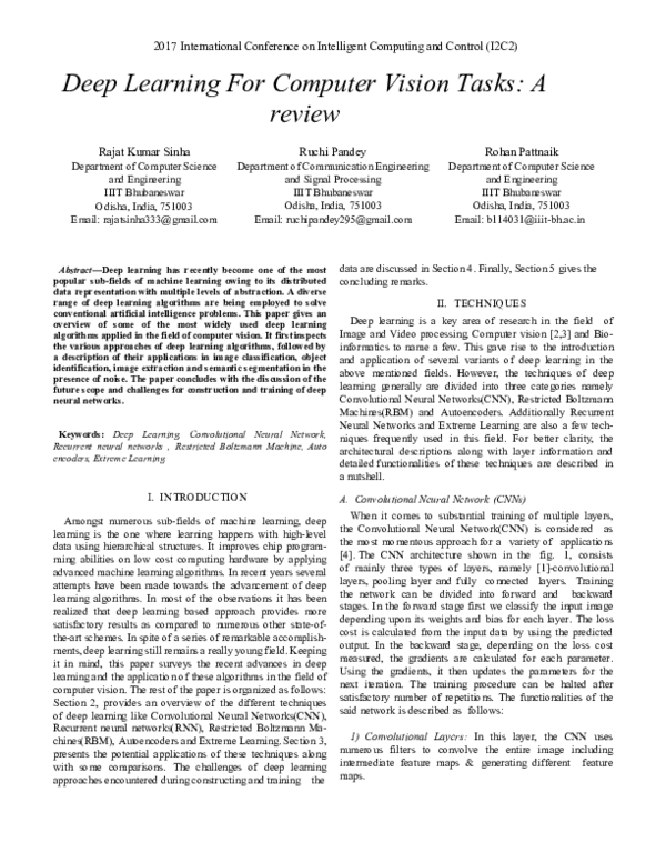 (PDF) Deep Learning For Computer Vision Tasks: A review