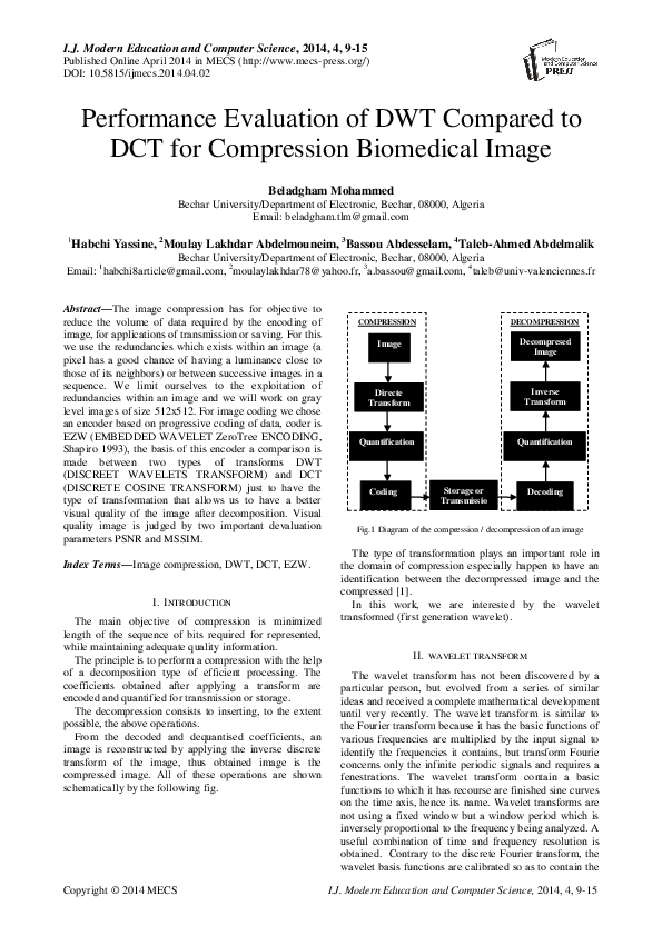 Pdf Performance Evaluation Of Dwt Compared To Dct For Compression Biomedical Image Benmoussa