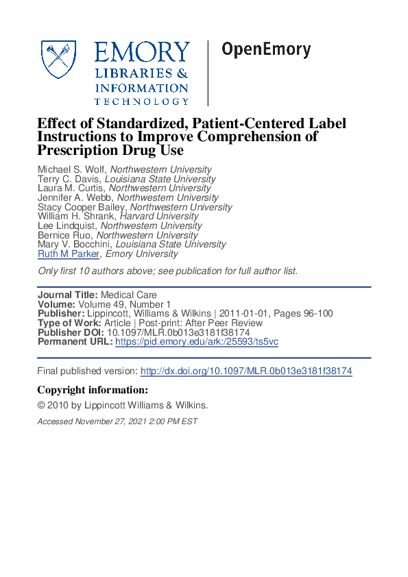 (PDF) Effect of Standardized, Patient-Centered Label Instructions to ...
