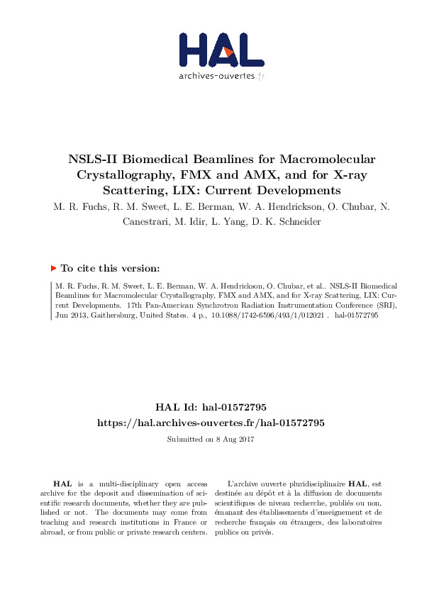 (PDF) NSLS-II Biomedical Beamlines for Macromolecular Crystallography, FMX and AMX, and for X ...