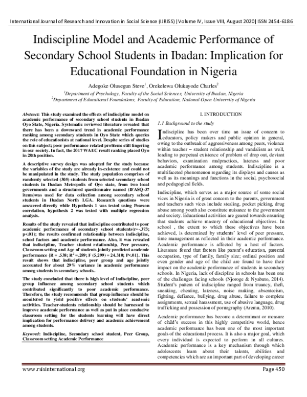 (PDF) Indiscipline Model and Academic Performance of Secondary School ...