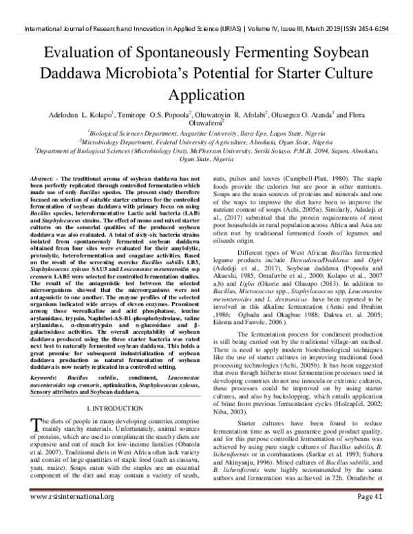 (PDF) Evaluation of Spontaneously Fermenting Soybean Daddawa Microbiota ...