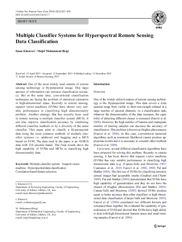 (PDF) Multiple Classifier Systems for Hyperspectral Remote Sensing Data Classification