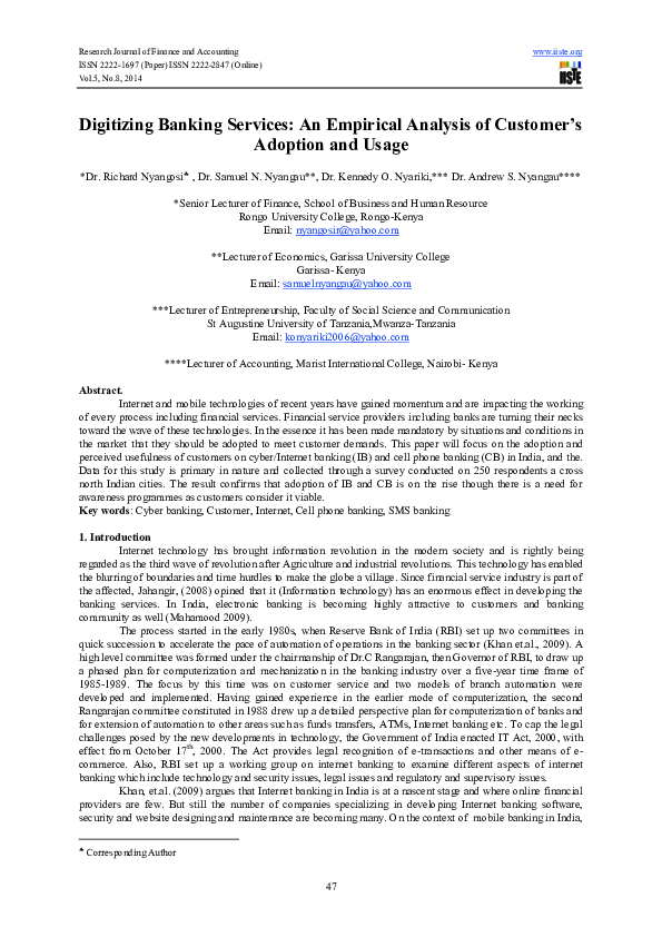 (PDF) Digitizing Banking Services: An Empirical Analysis of Customer’s Adoption and Usage