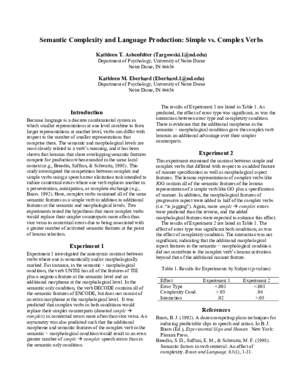 (PDF) Semantic Complexity and Language Production: Simple vs. Complex Verbs