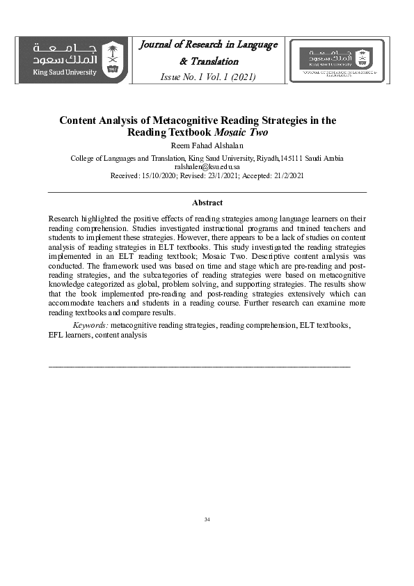 (PDF) Content Analysis of Metacognitive Reading Strategies in the Reading Textbook Mosaic Two