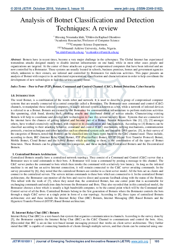 (PDF) Analysis of Botnet Classification and Detection Techniques: A review