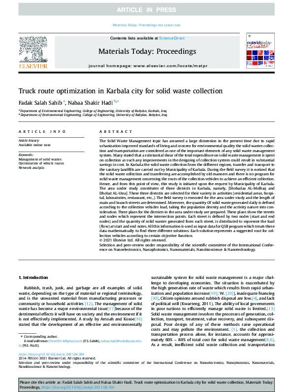 (PDF) Truck route optimization in Karbala city for solid waste collection