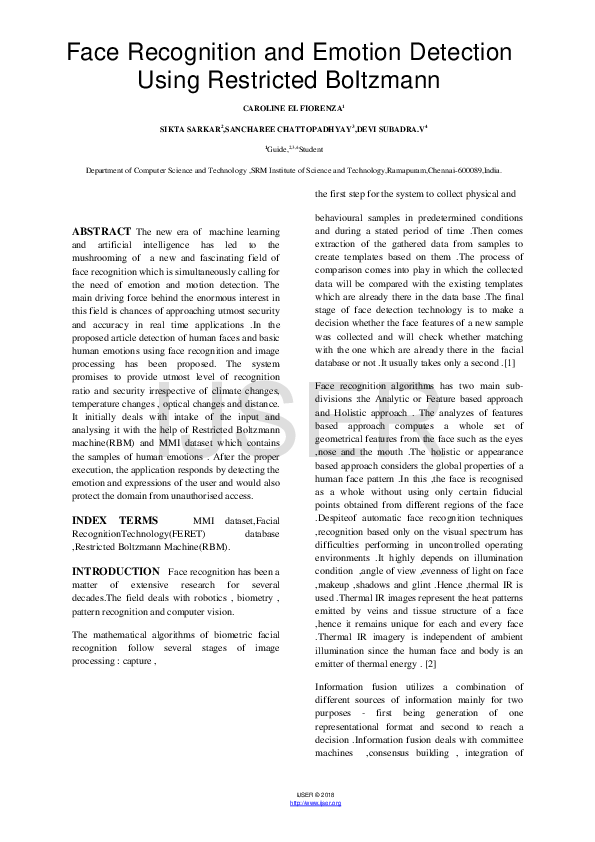 (PDF) Face Recognition and Emotion Detection Using Restricted Boltzmann Machine(RBM),FERET ...