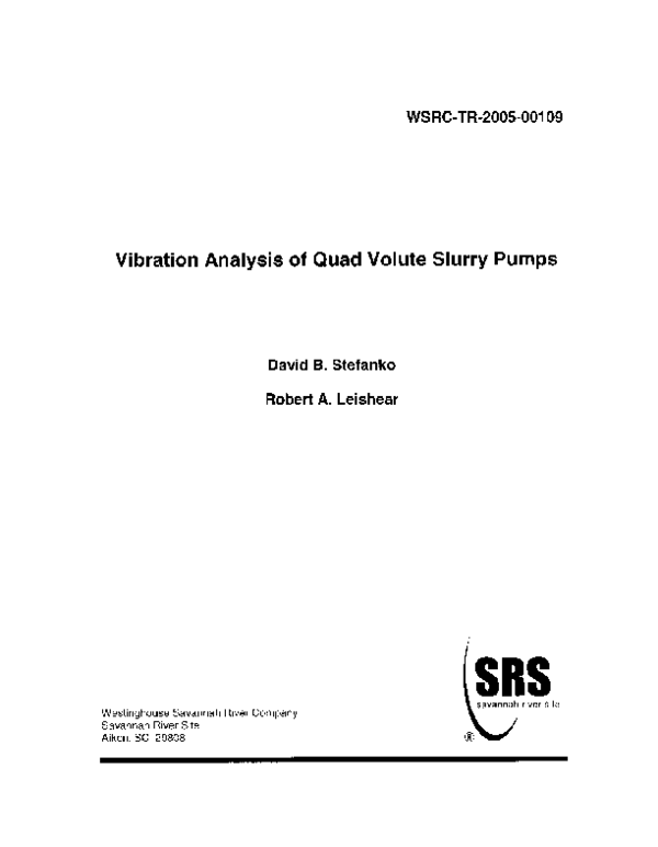 (PDF) Vibration Analysis Quad Volute Slurry Pumps, Leishear, R, Stefanko, D, WSRC TR