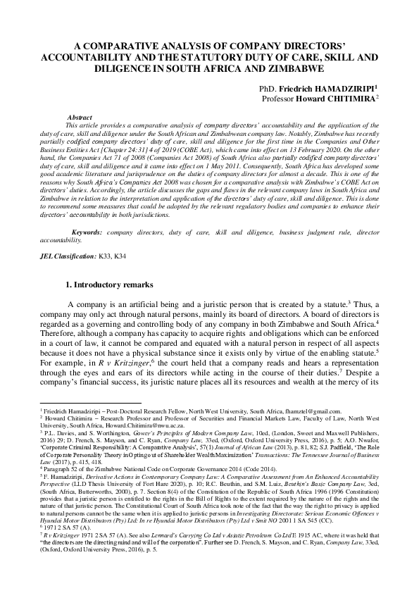 (PDF) A COMPARATIVE ANALYSIS OF COMPANY DIRECTORS' ACCOUNTABILITY AND THE STATUTORY DUTY OF CARE ...