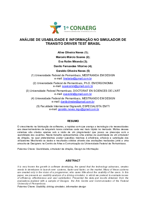 (PDF) Análise De Usabilidade e Informação No Simulador De Transito ...