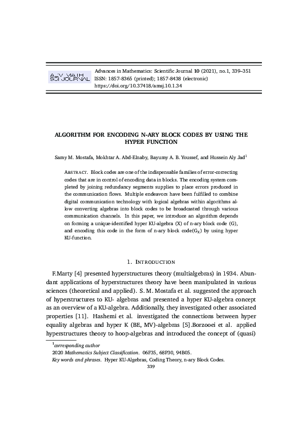 Pdf Algorithm For Encoding N Ary Block Codes By Using The Hyper Function