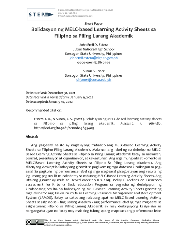 (PDF) Balidasyon ng MELC-based Learning Activity Sheets sa Filipino sa ...