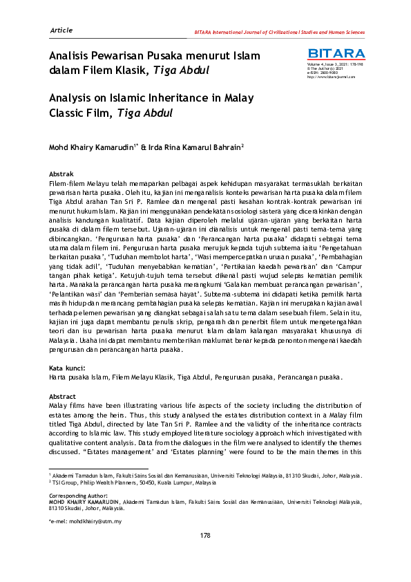 (PDF) Analisis Pewarisan Pusaka menurut Islam dalam Filem Klasik, Tiga ...