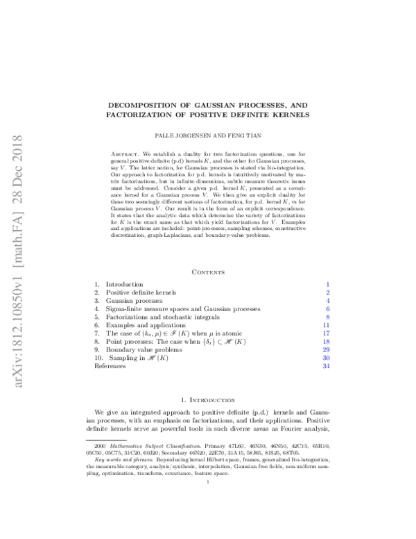 (PDF) Decomposition of Gaussian processes, and factorization of positive definite kernels ...