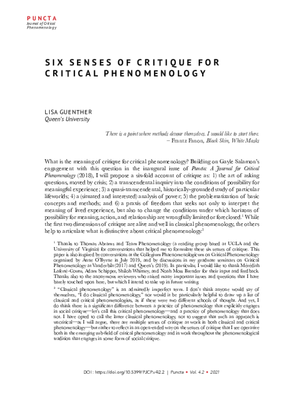 (PDF) Six Senses of Critique for Critical Phenomenology
