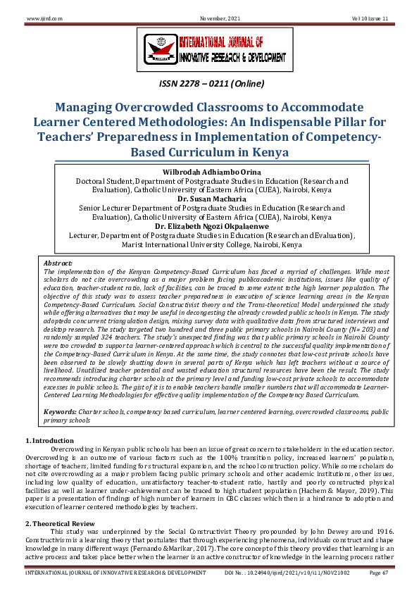 (PDF) Managing Overcrowded Classrooms to Accommodate Learner Centered ...