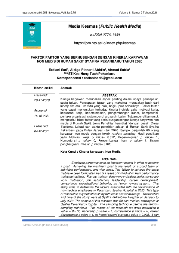 (PDF) Faktor Faktor Yang Berhubungan Dengan Kinerja Karyawan Non Medis DI Rumah Sakit Syafira ...