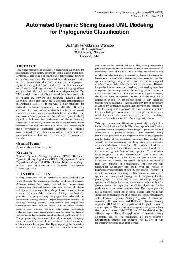 Pdf Automated Dynamic Slicing Based Uml Modeling For Phylogenetic Classification Divanshi 1712