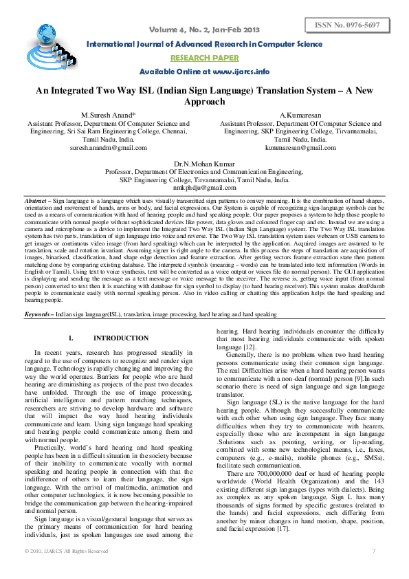 (PDF) An Integrated Two Way ISL (Indian Sign Language) Translation ...