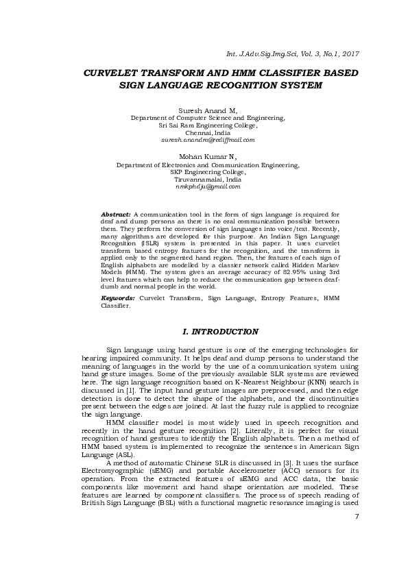 (PDF) CURVELET TRANSFORM AND HMM CLASSIFIER BASED SIGN LANGUAGE RECOGNITION SYSTEM | M.Suresh ...