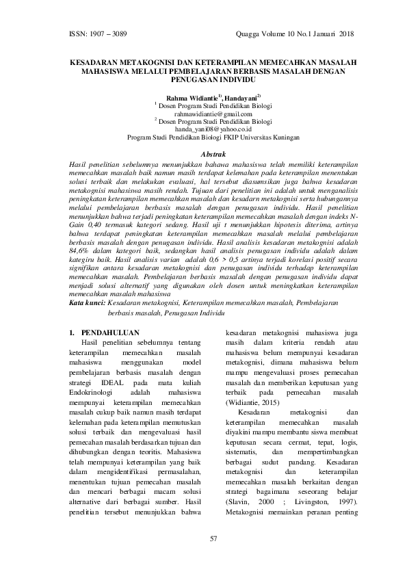(PDF) Kesadaran Metakognisi Dan Keterampilan Memecahkan Masalah Mahasiswa Melalui Pembelajaran ...