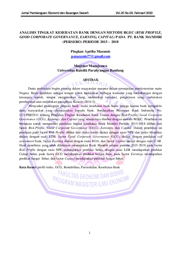 (PDF) Analisis Tingkat Kesehatan Bank Dengan Metode Rgec (Risk Profile, Good Corporate ...
