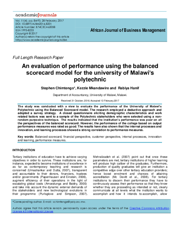 Pdf An Evaluation Of Performance Using The Balanced Scorecard Model For The University Of