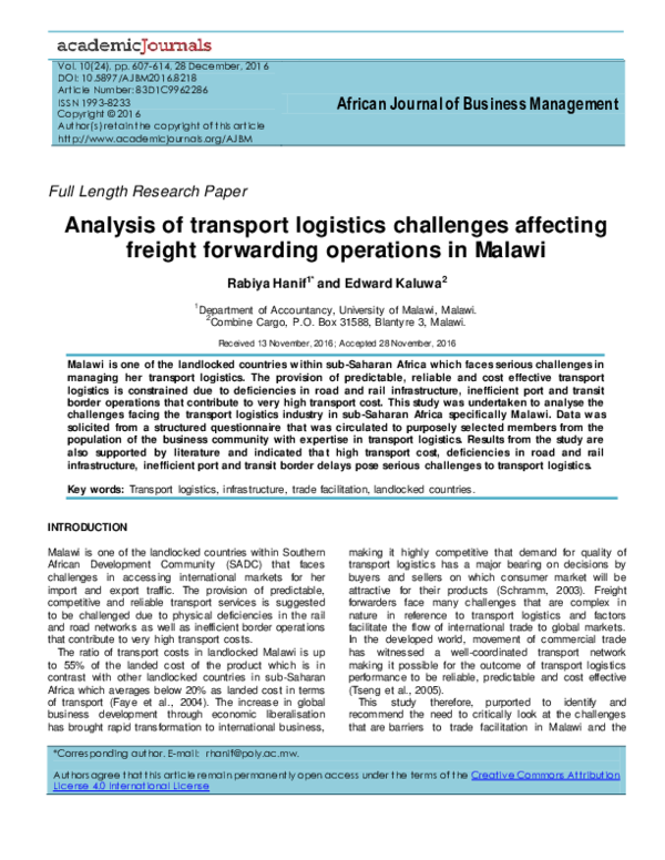 (PDF) Analysis of transport logistics challenges affecting freight ...