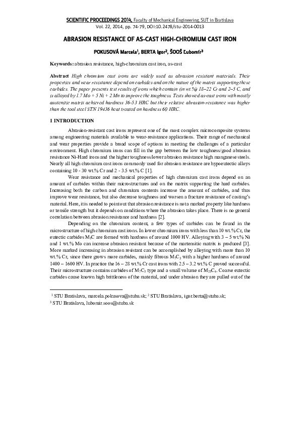 (PDF) Abrasion Resistance of as-Cast High-Chromium Cast Iron