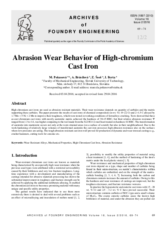 (PDF) Abrasion Wear Behavior of High-chromium Cast Iron