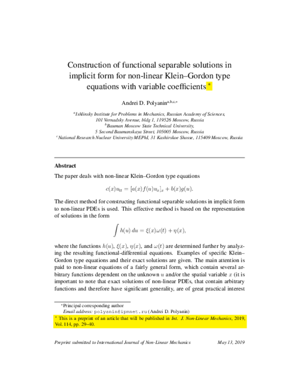 (PDF) Construction of functional separable solutions in implicit form for non-linear Klein ...
